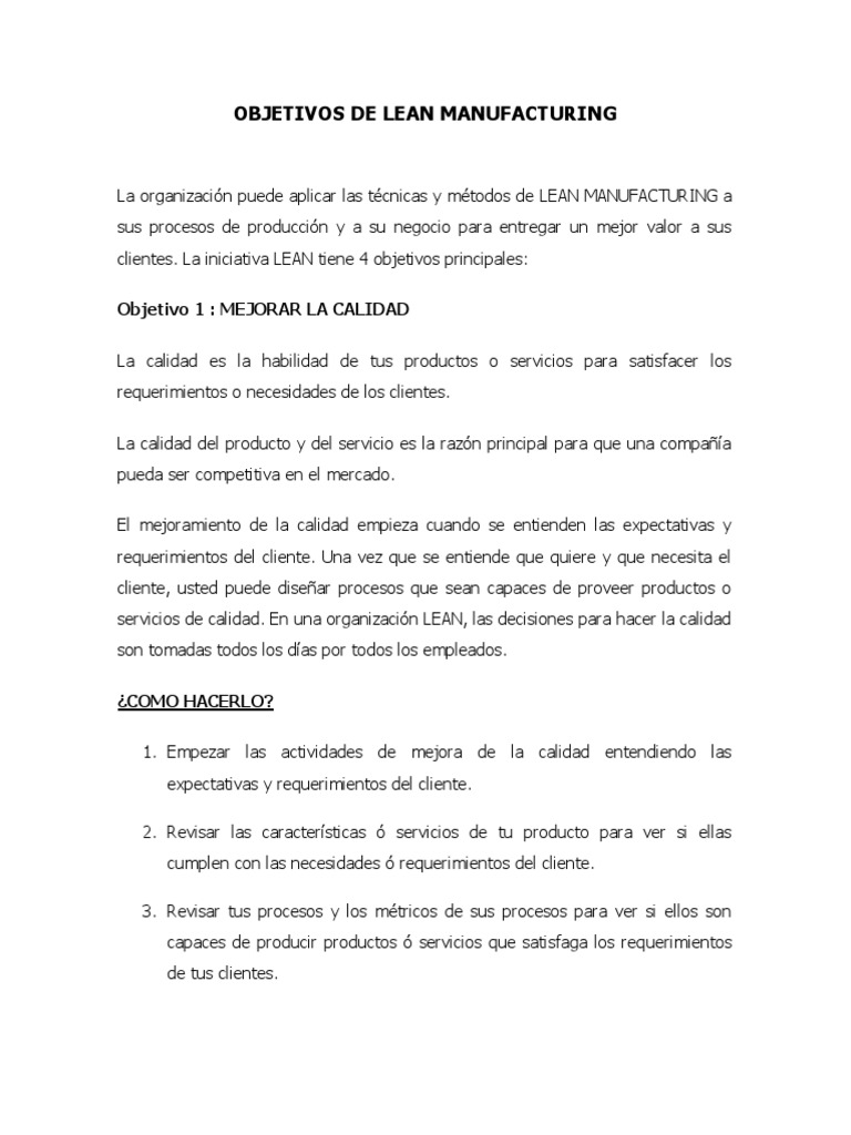 Objetivos de Lean Manufacturing PDF | Descargar gratis PDF | Lean Manufacturing | Calidad ...