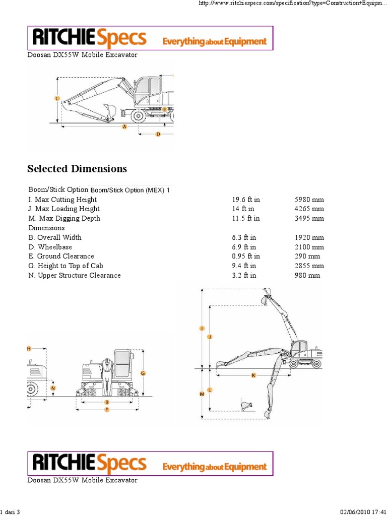 Doosan DX55W Excavator Specifications | PDF | Automotive Technologies ...