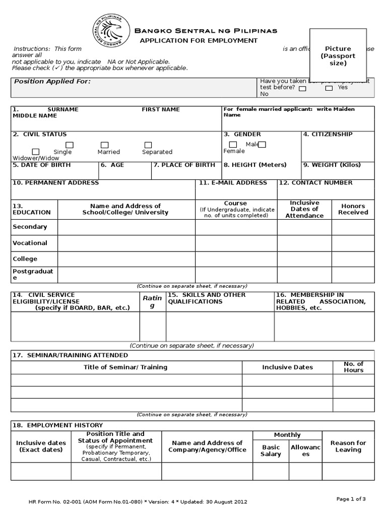 Position Applied For:: Application For Employment Picture (Passport ...