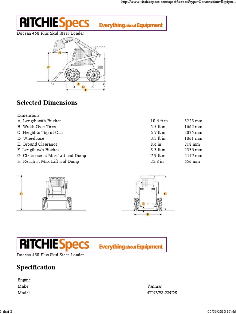Doosan 450 Plus Skid Steer Dimensions | PDF