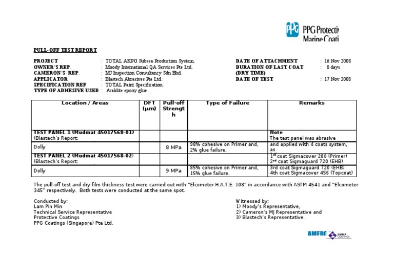 PPG - Pull-Off Test Report Format | PDF | Adhesive | Building Engineering