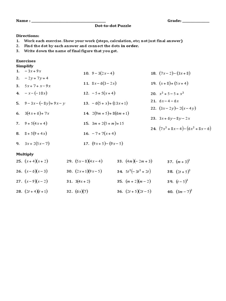 Dot-To-Dot Puzzle Simplifying Algebraic Expressions | Download Free PDF ...