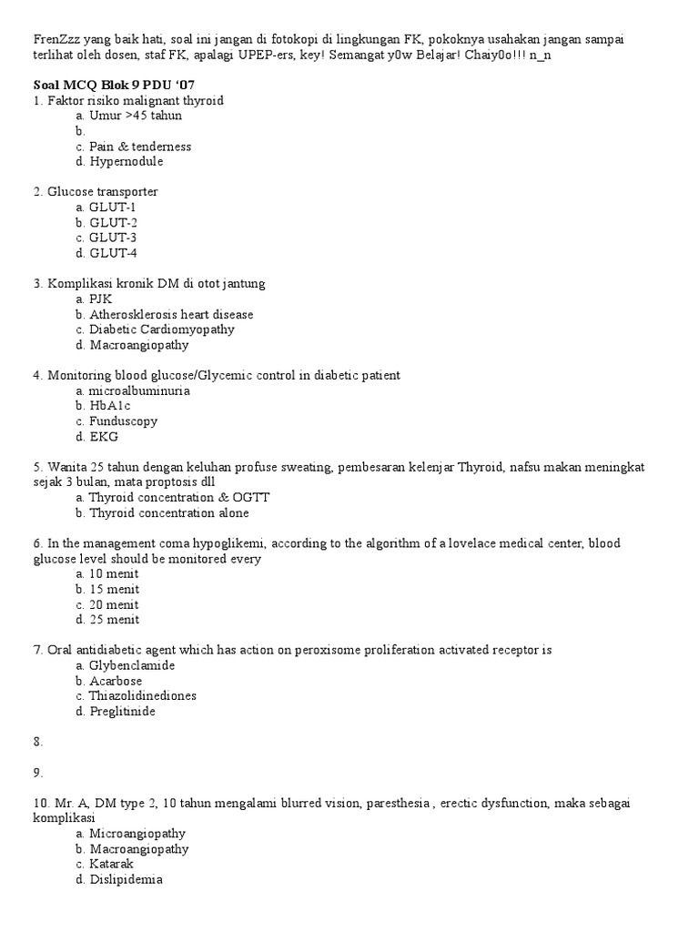 Soal MCQ Blok 9 Pdu '07 | PDF | Masa Pubertas | Insulin