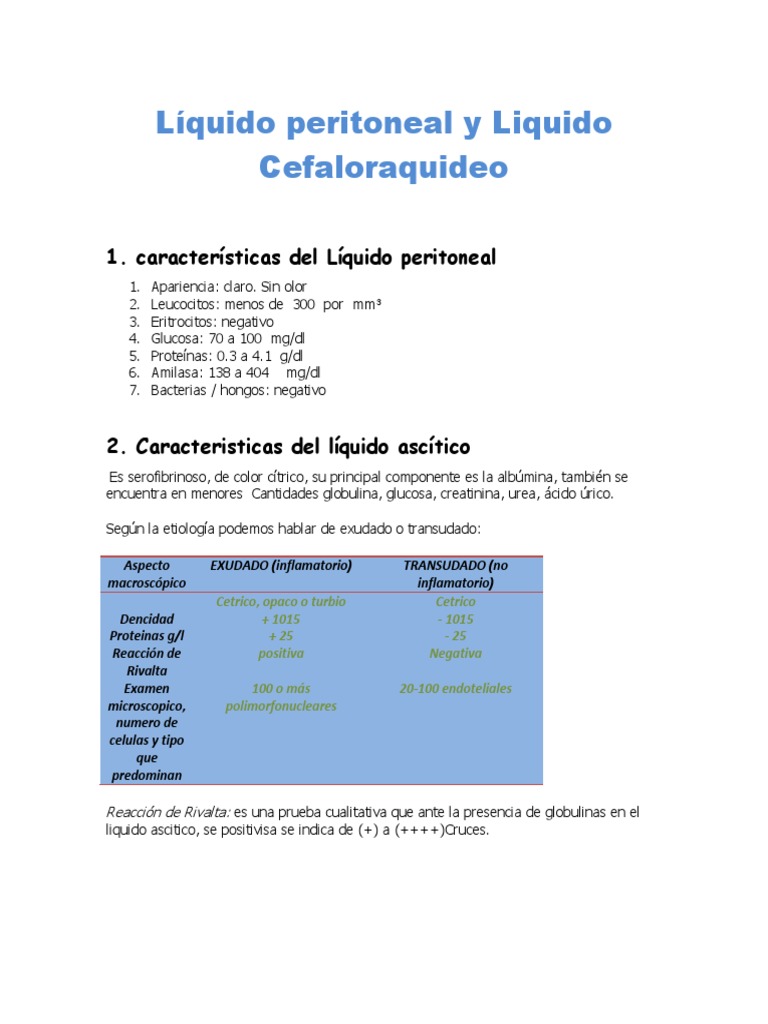 Características del líquido peritoneal | PDF | Fluido cerebroespinal ...