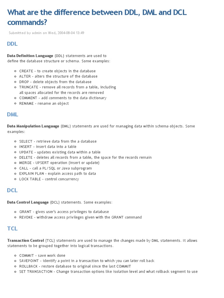 What Are The Difference Between DDL, DML and DCL Commands - Oracle FAQ ...