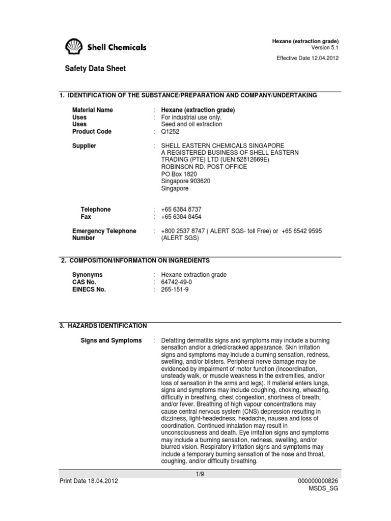 MSDS Hexane | Toxicity | Personal Protective Equipment