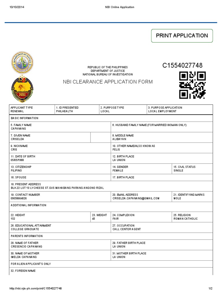 Nbi Clearance Application Form | PDF
