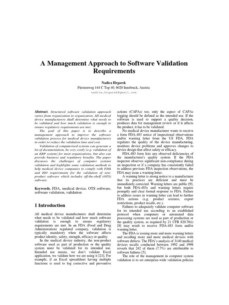 Manage Software Validation Reduce Costs | PDF | Verification And Validation | Medical Device