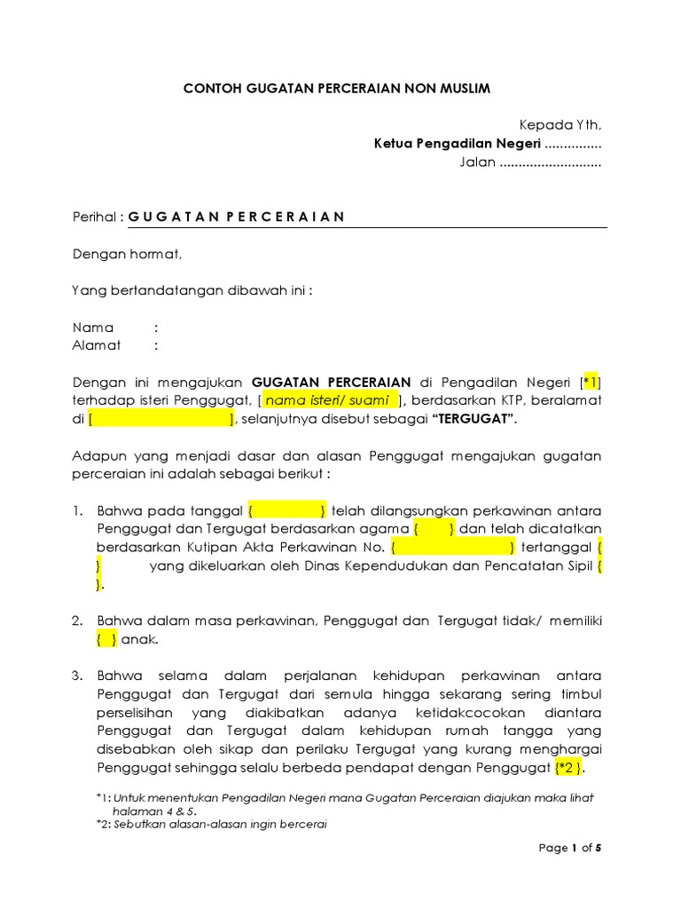 Contoh Draft Gugatan Cerai Non Muslim | PDF