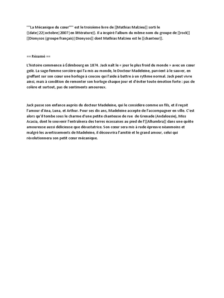 Résumé de "La Mécanique du cœur" | PDF