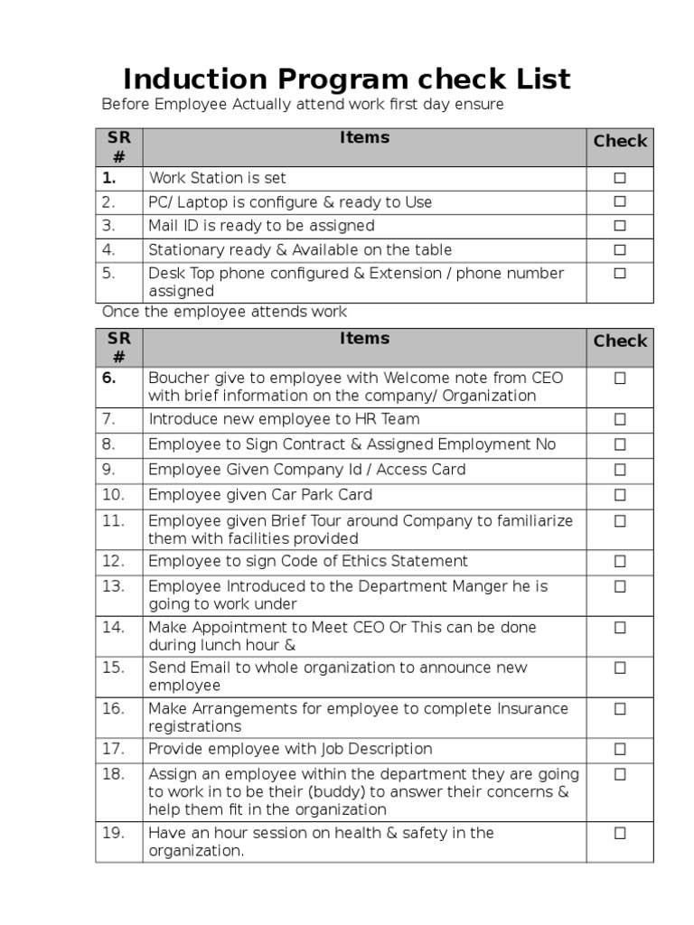 Induction Check List | PDF
