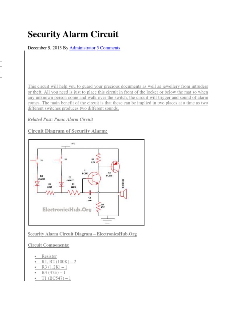 Security Alarm Circuit | PDF | Capacitor | Transistor
