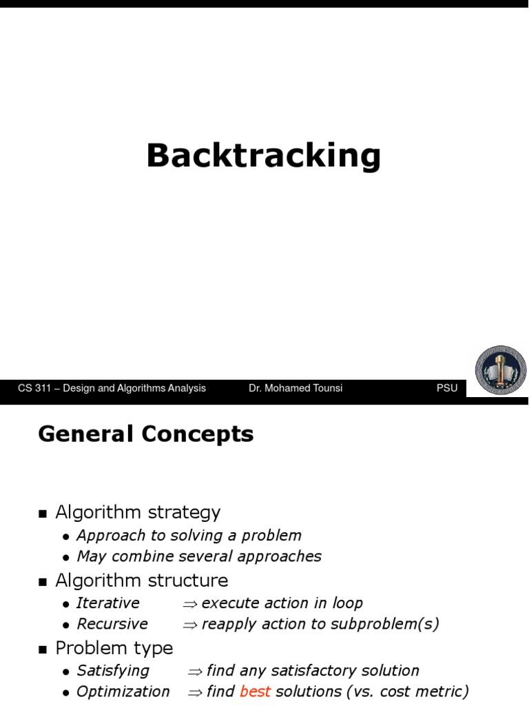 Backtracking: PSU CS 311 - Design and Algorithms Analysis Dr. Mohamed Tounsi | PDF | Computer ...