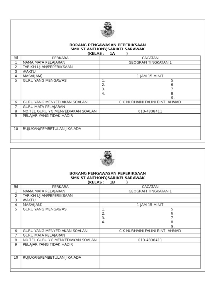 Borang Pengawasan Peperiksaan Sas | PDF