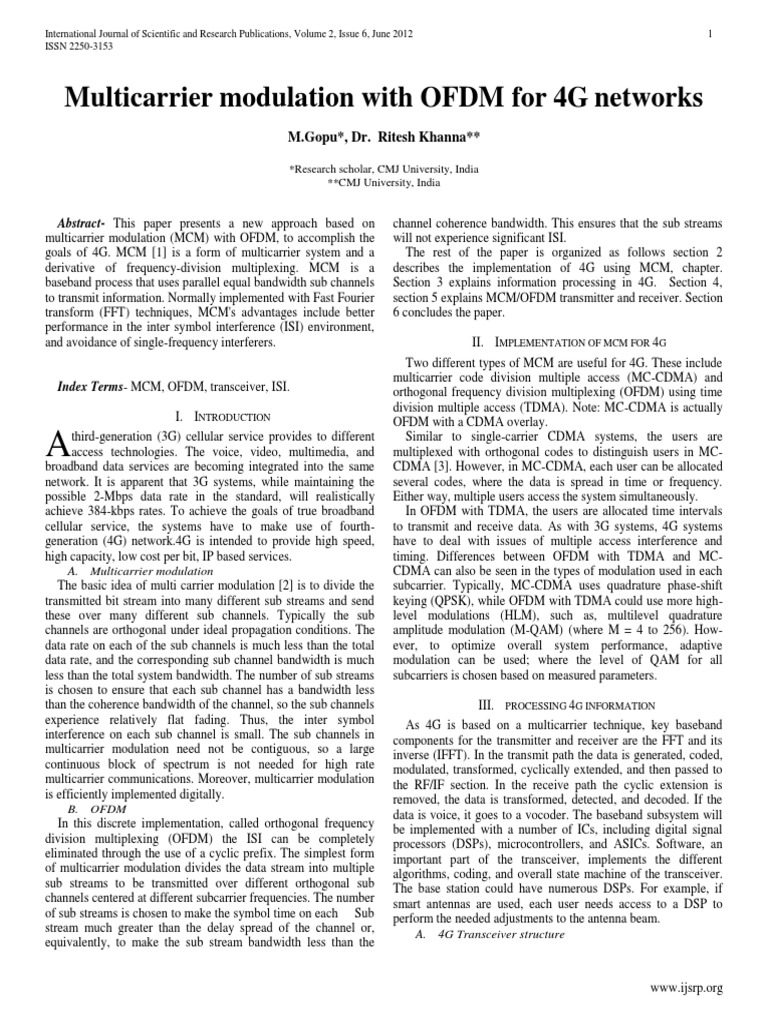 Multicarrier Modulation With OFDM For 4G Networks: M.Gopu, Dr. Ritesh ...