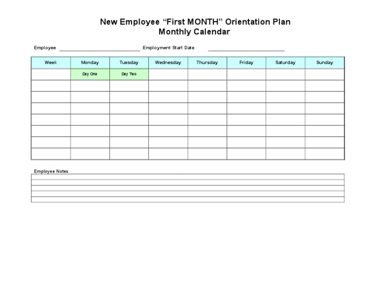 New Employee "First MONTH" Orientation Plan Monthly Calendar | PDF