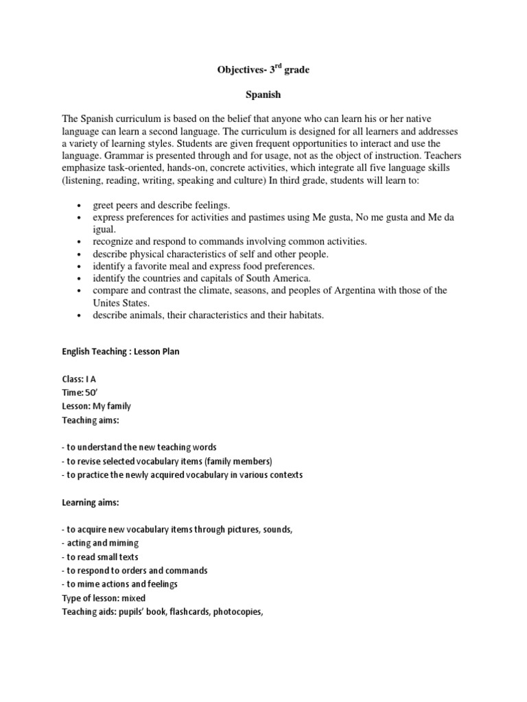 Objectives-3 Grade Spanish: English Teaching: Lesson Plan | PDF