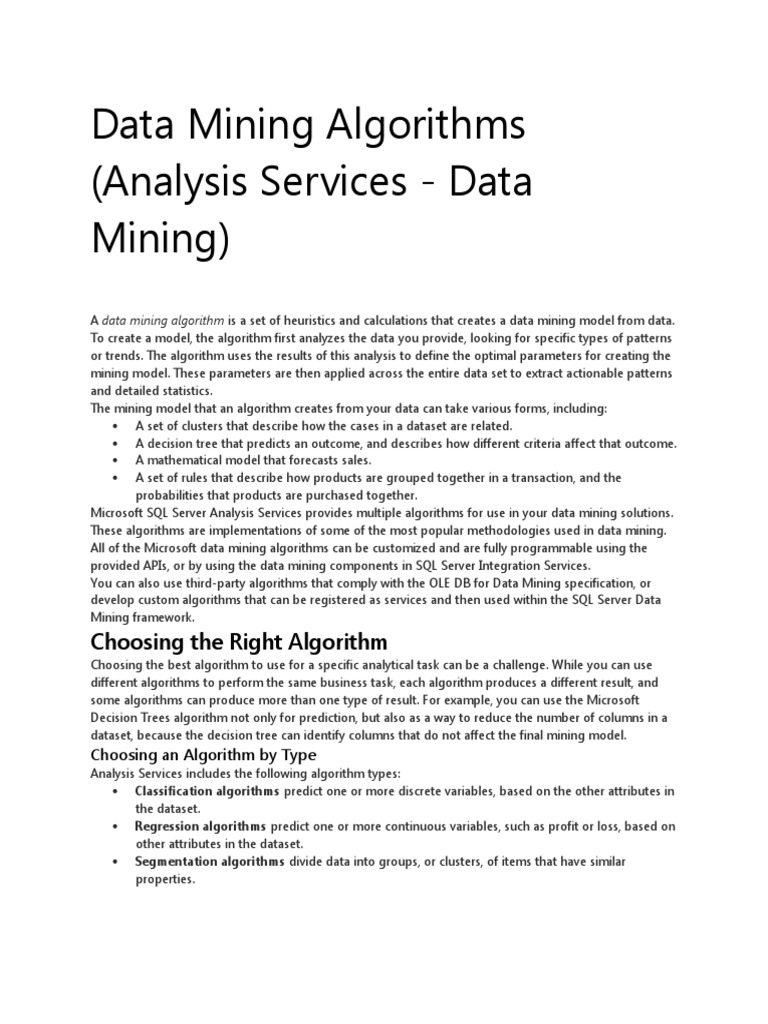 Data Mining Algorithms (Analysis Services - Data Mining) : Choosing The Right Algorithm | PDF ...