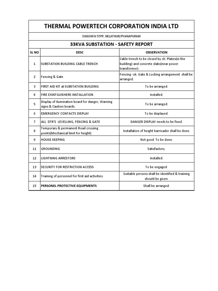 Thermal Powertech Corporation India LTD: 33kva Substation - Safety Report | PDF | Ladder ...