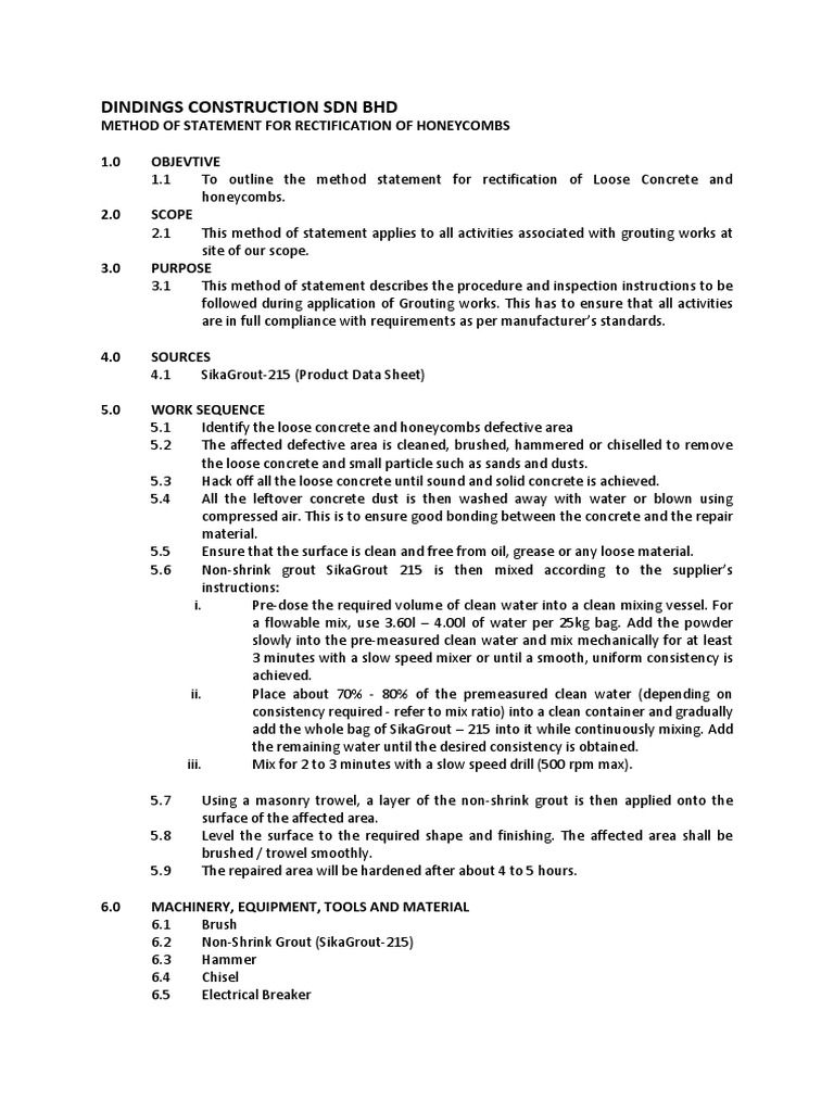Honeycomb Concrete Repair Method Statement | PDF | Rectifier | Concrete