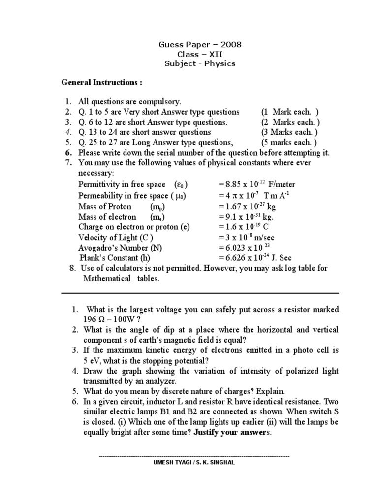 2008 Class XII Physics Guess Paper | PDF | Electromagnetism ...