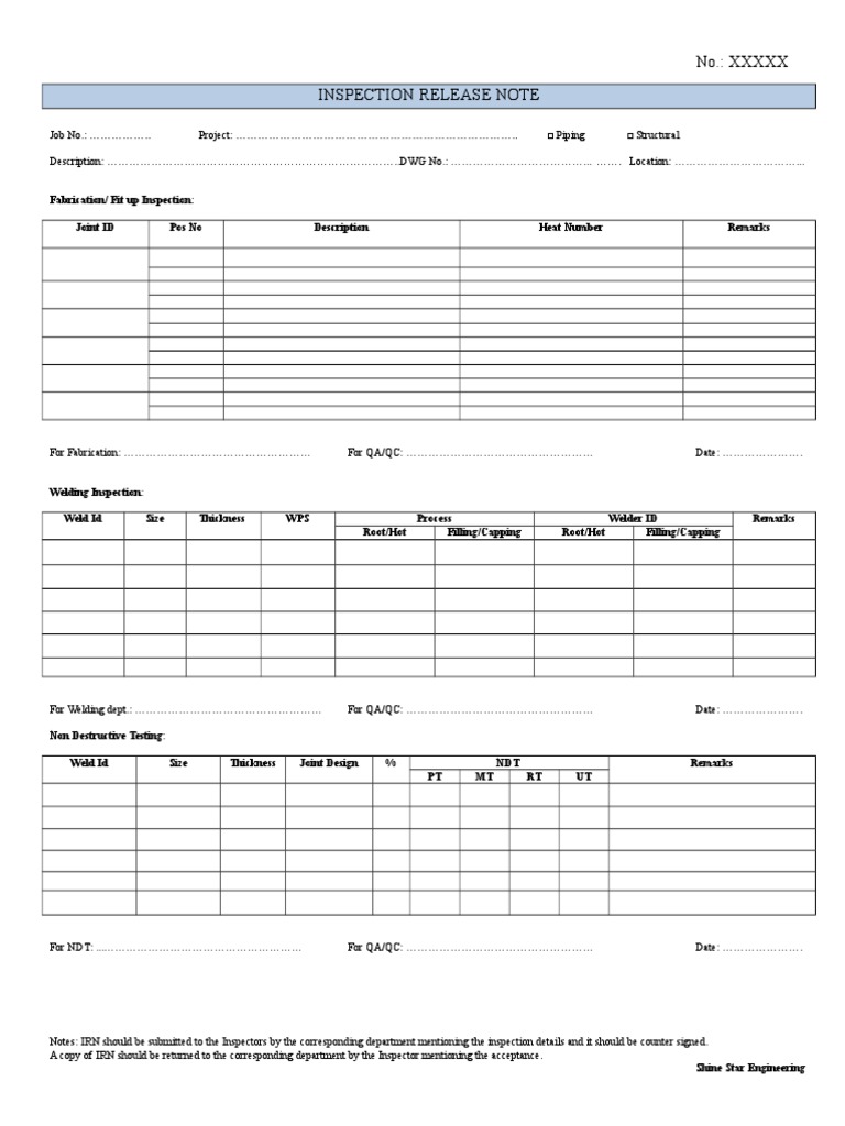 IRN Inspection Release Note Template | PDF | Joining | Materials