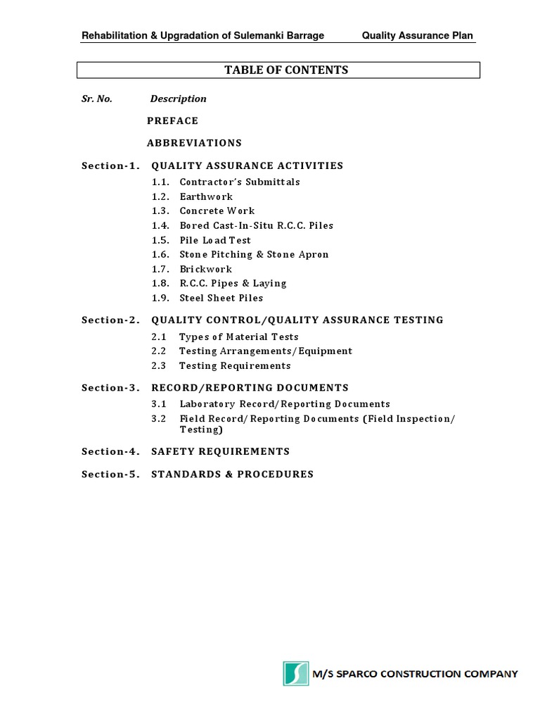 Quality Assurance Plan Sparco For Sulemanki PDF | PDF | Quality Assurance | Concrete