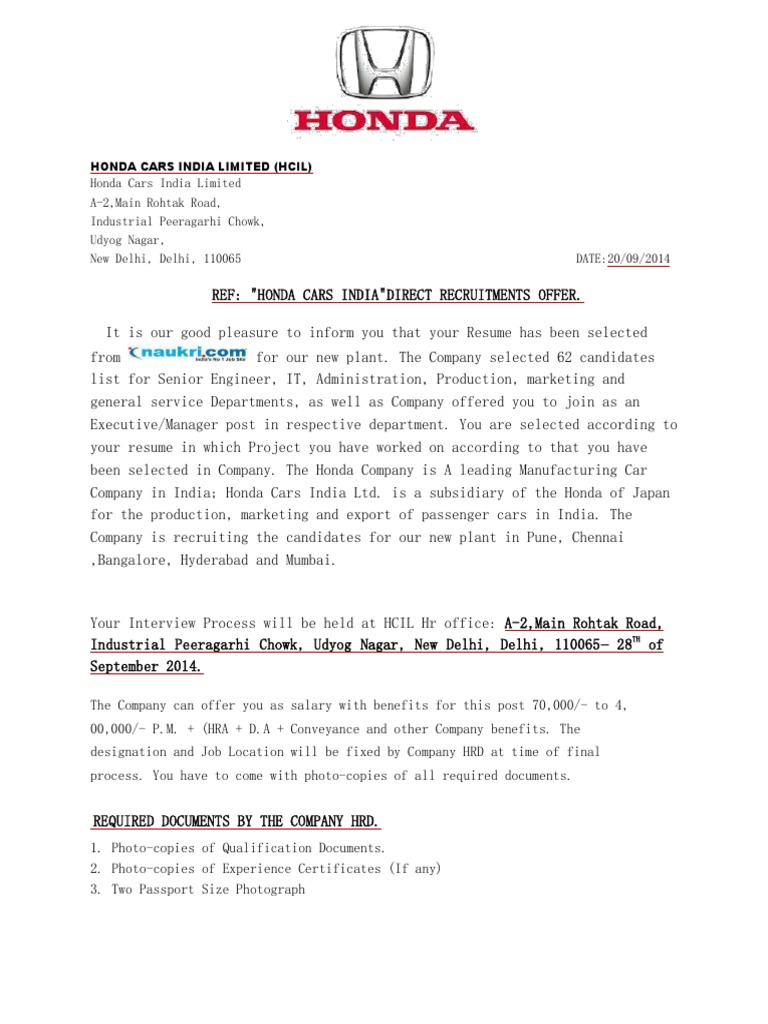 (Empl0yment) Hcil - Honda - Cars - India - Certified - Call - Letter ...