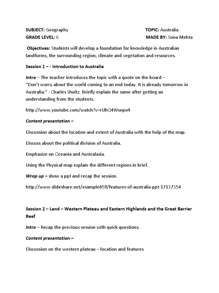 Australia Lesson Plan | PDF | Australia | Grassland