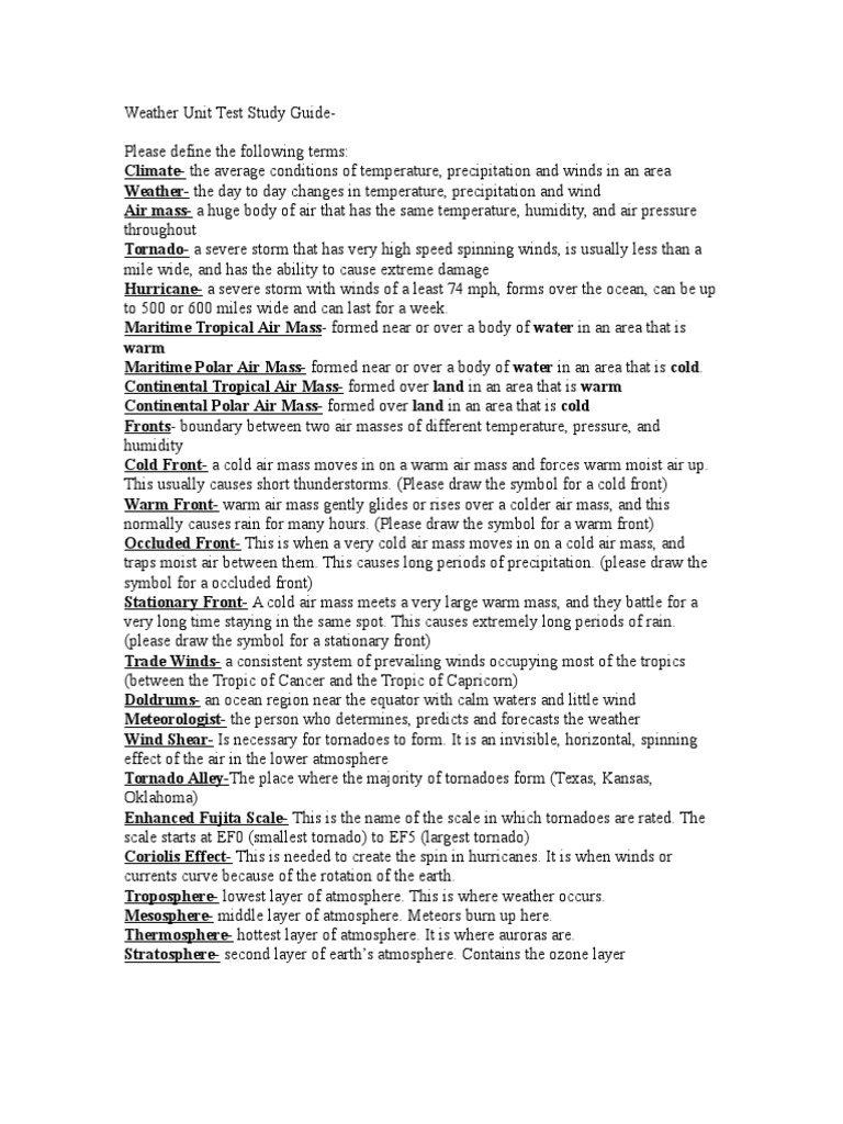 Weather Unit Test Study Guide With Answers | PDF | Atmosphere Of Earth ...