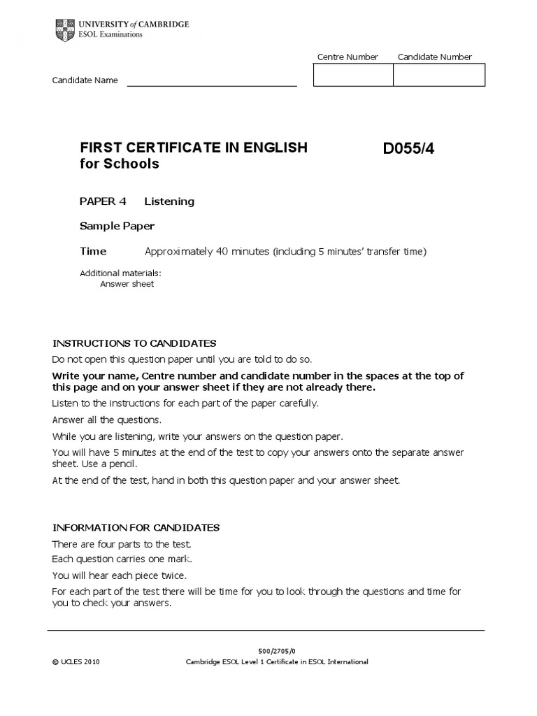 FCE For Schools Sample Listening Paper | PDF | Further Education | Leisure