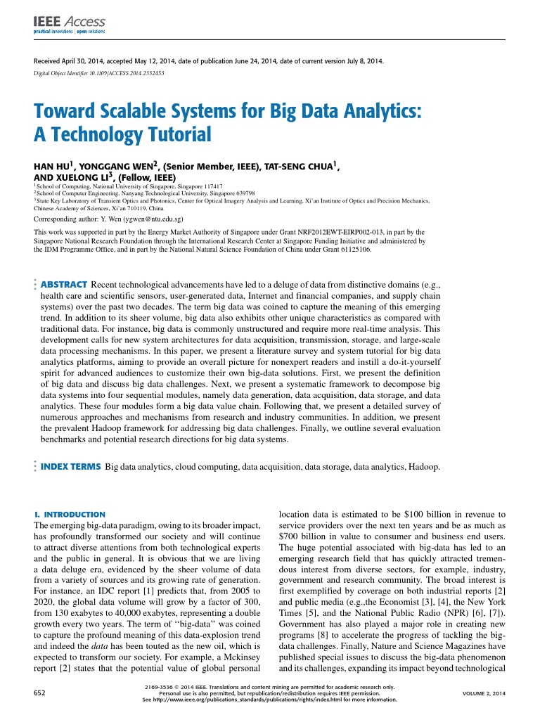 Toward Scalable Systems For Big Data Analytics: A Technology Tutorial ...