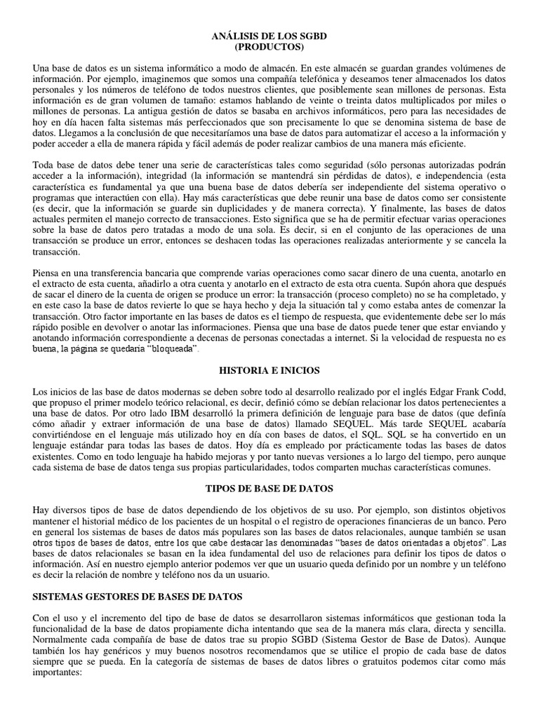 Análisis de Los SGBD | PDF | Bases de datos | Servidor SQL de Microsoft