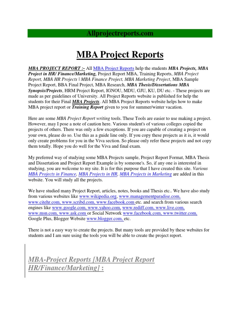 MBA-Project Reports (MBA Project Report HR/Finance/Marketing) | PDF ...