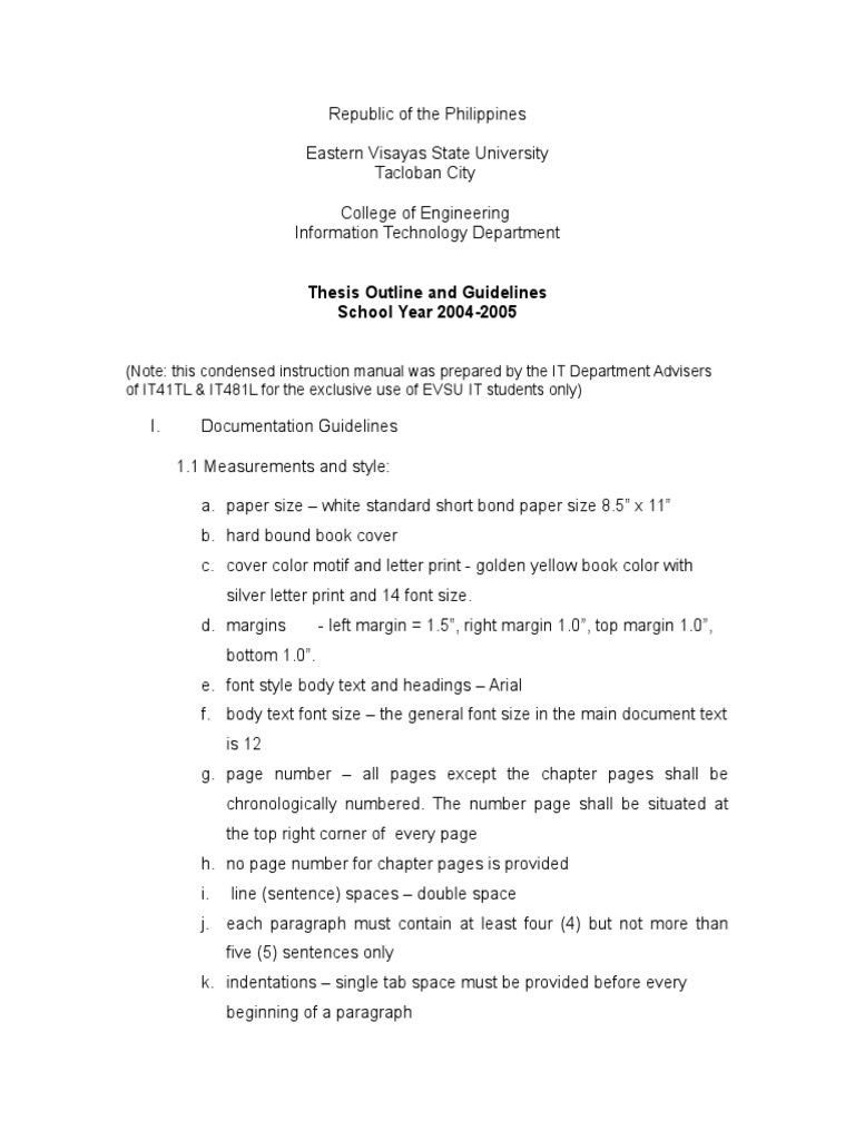 Thesis Outline And Guidelines School Year 2004 2005 Pdf Science And