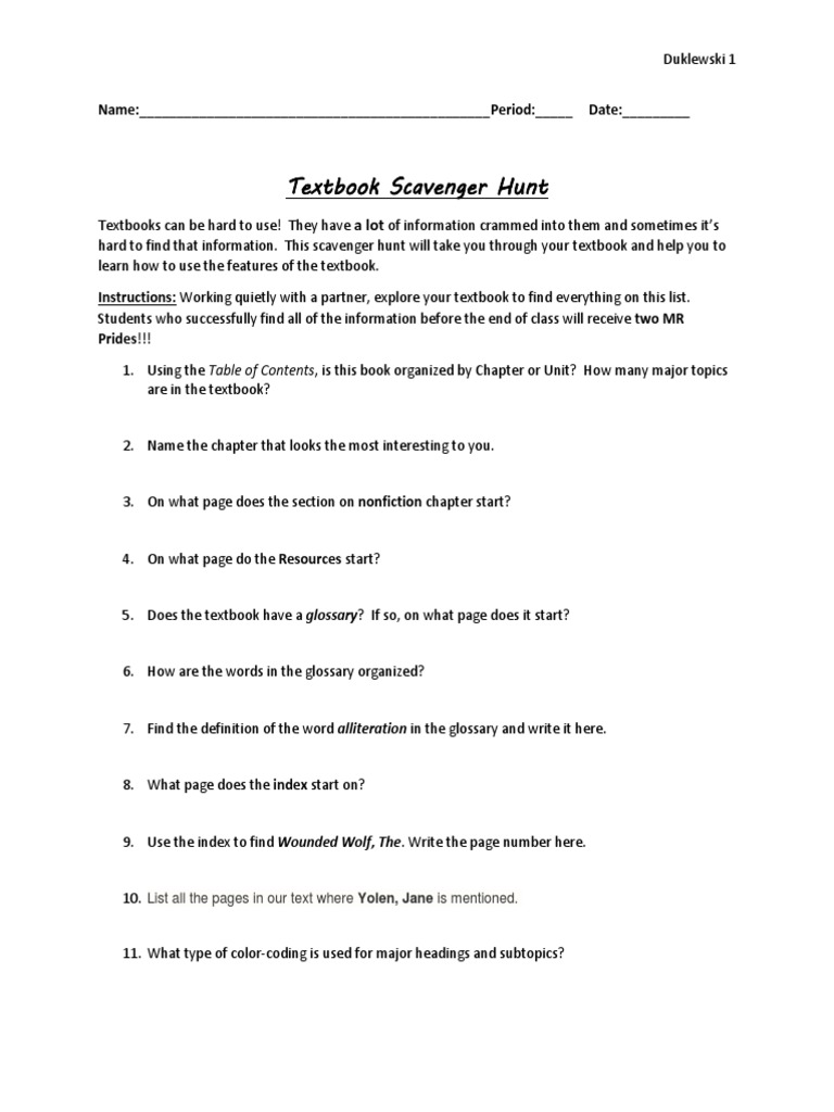 Textbook Scavenger Hunt Activity | PDF