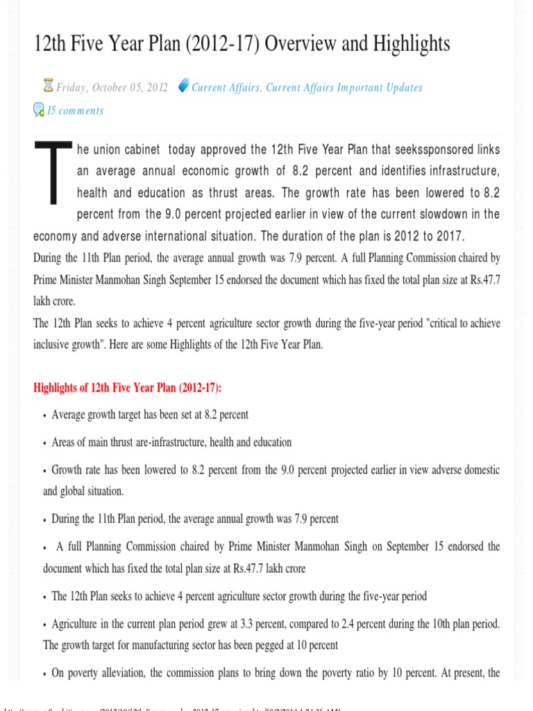 12th Five Year Plan (2012-17) Overview and Highlights | PDF | Economies ...