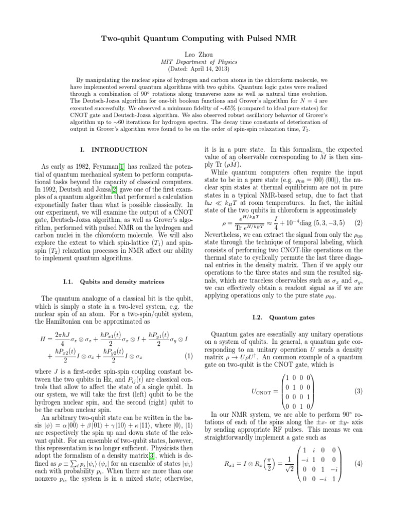 Two-Qubit Quantum Computing With Pulsed NMR | PDF | Relaxation (Nmr ...