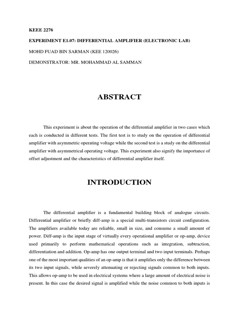 Experiment E1.07 Differential Amplifier | PDF | Amplifier | Operational Amplifier