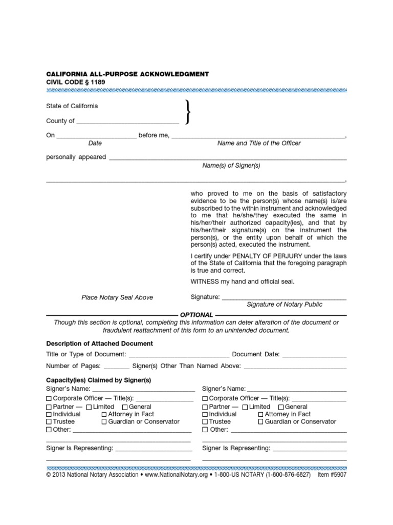 California Notary Acknowledgment Form | PDF | Notary Public | Signature