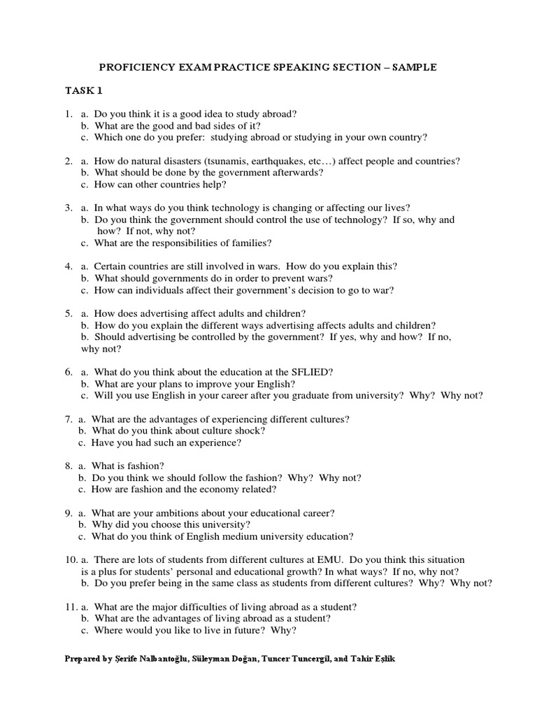 Sample Practice Questions for the Speaking Section of an English Proficiency Exam | PDF ...