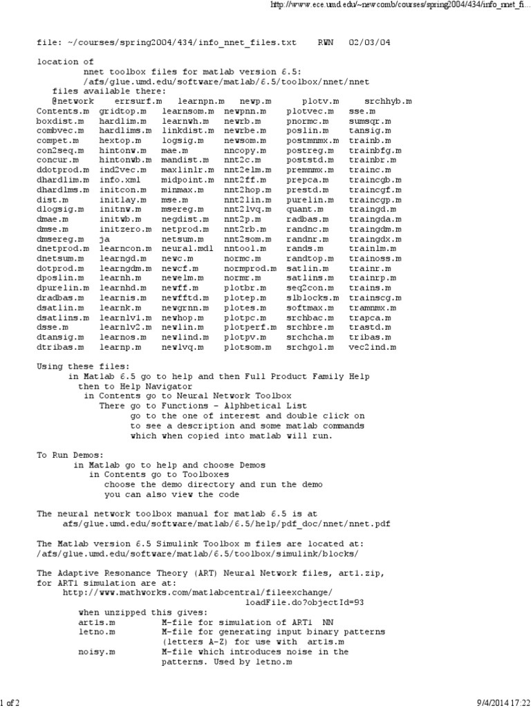 Info Nnet Files PDF | PDF | Matlab | Computer Programming