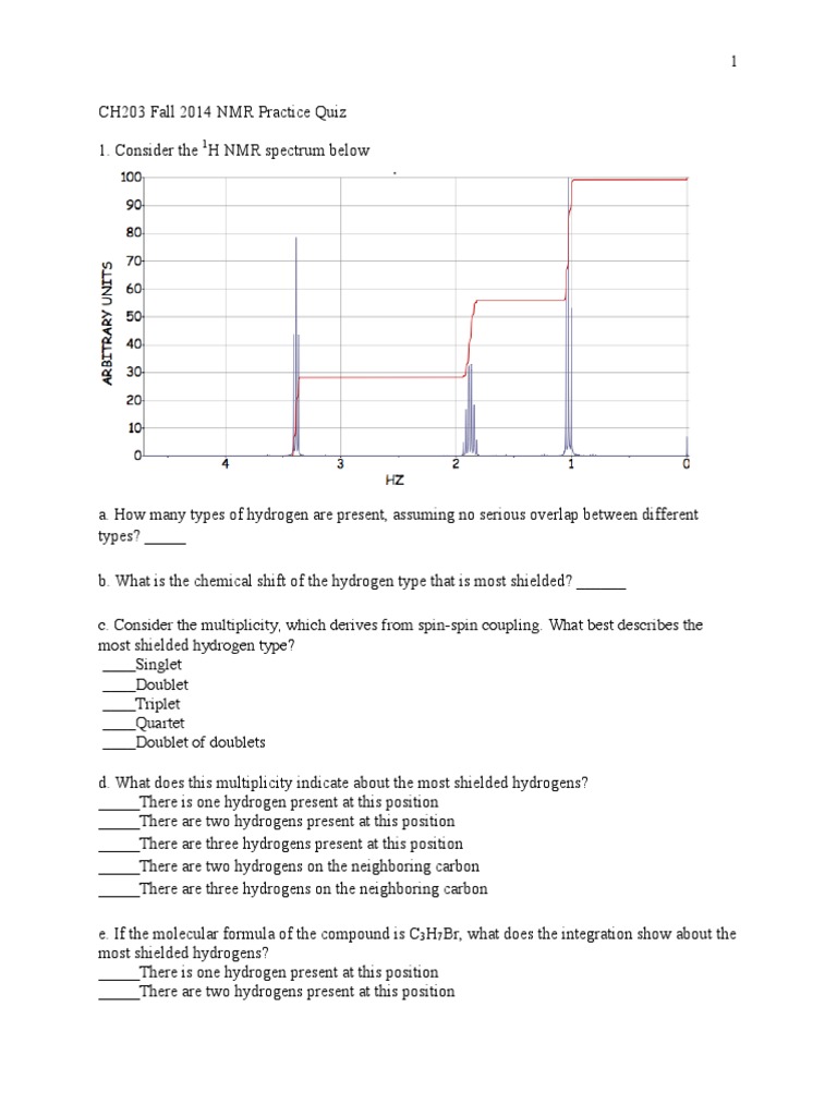 NMR Practice Quiz for CH203 Fall 2014 | PDF | Proton Nuclear Magnetic ...