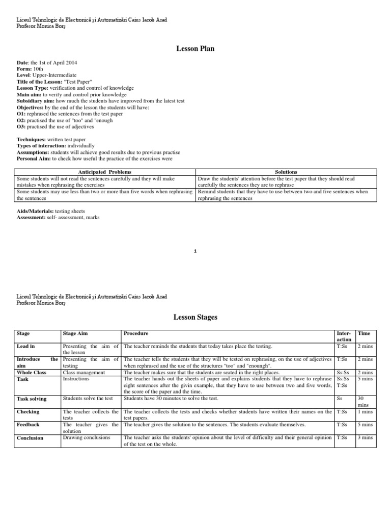 Lesson Plan Test Paper | PDF | Lesson Plan | Educational Assessment