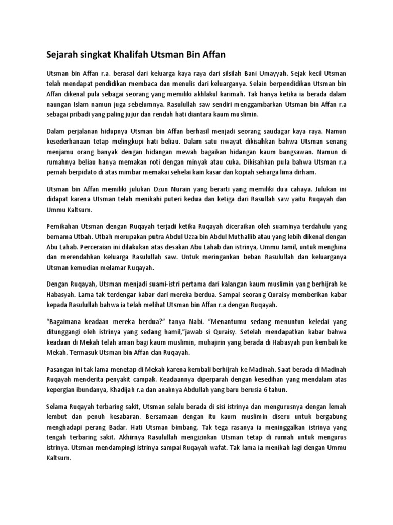 Sejarah Singkat Khalifah Utsman Bin Affan | PDF