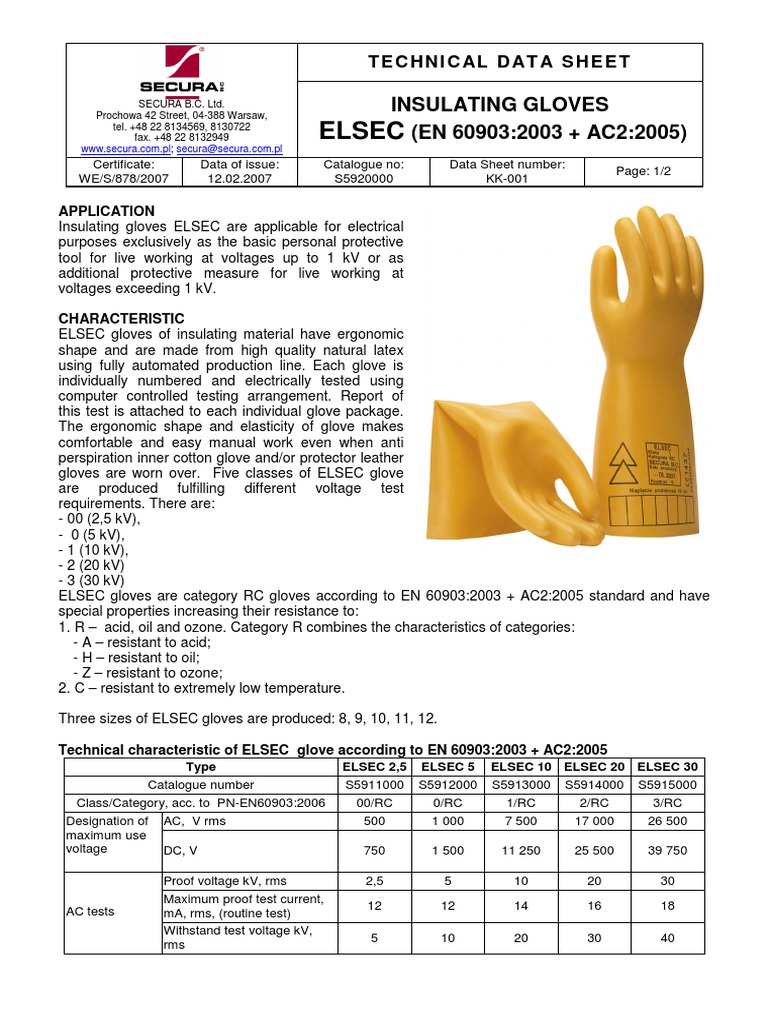 ELSEC Insulating Gloves Data Sheet | PDF | Glove | Ozone