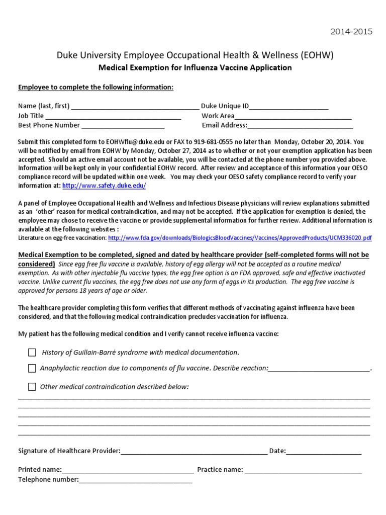 Duke Flu Vaccine Exemption Form | PDF | Influenza Vaccine | Influenza
