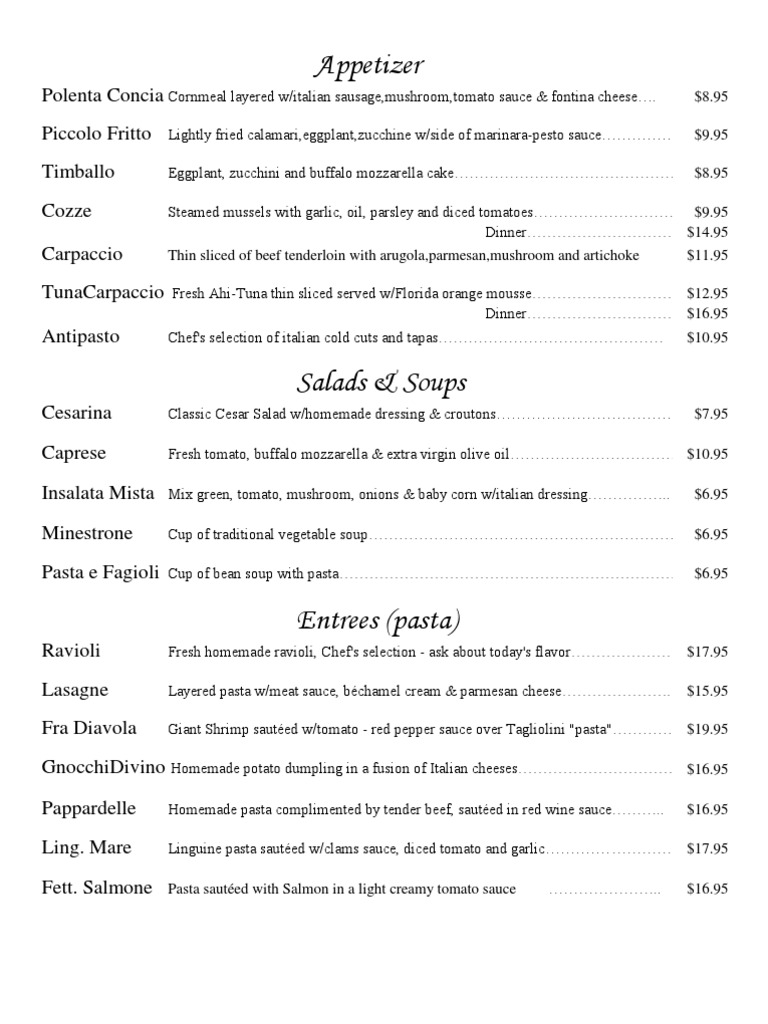Divino Restaurant Dinner Menu | PDF | Salad | Pasta