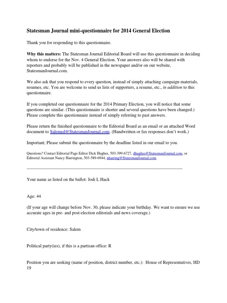 Jodi Hack's Questionnaire | PDF | Small Business | Questionnaire
