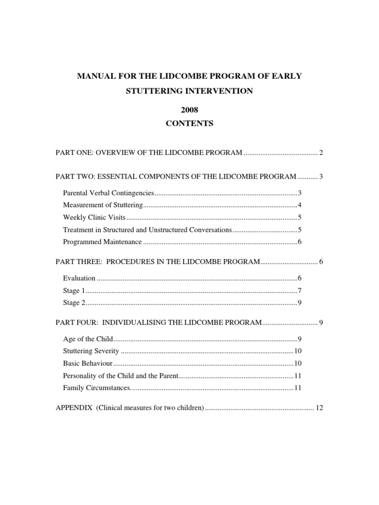 Lidcombe Program Manual for Stuttering | PDF | Stuttering | Speech ...